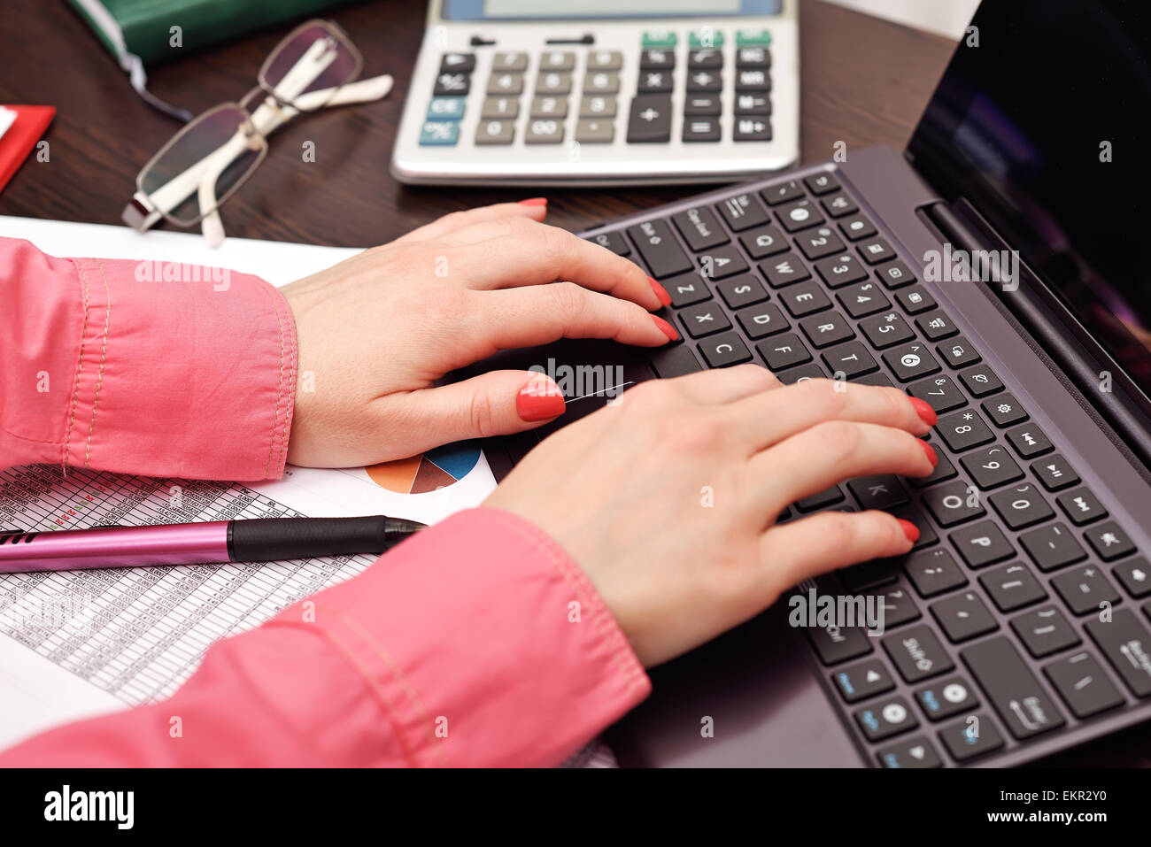 hands of female secretary pushing laptop buttons Stock Photo - Alamy