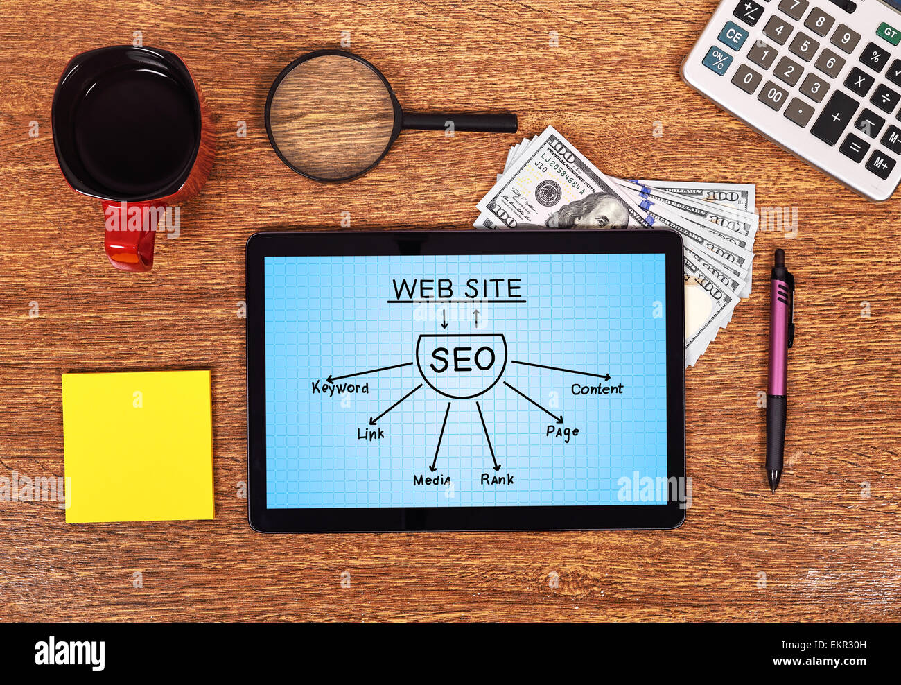 Modern workplace and tablet with seo scheme on wooden table Stock Photo ...