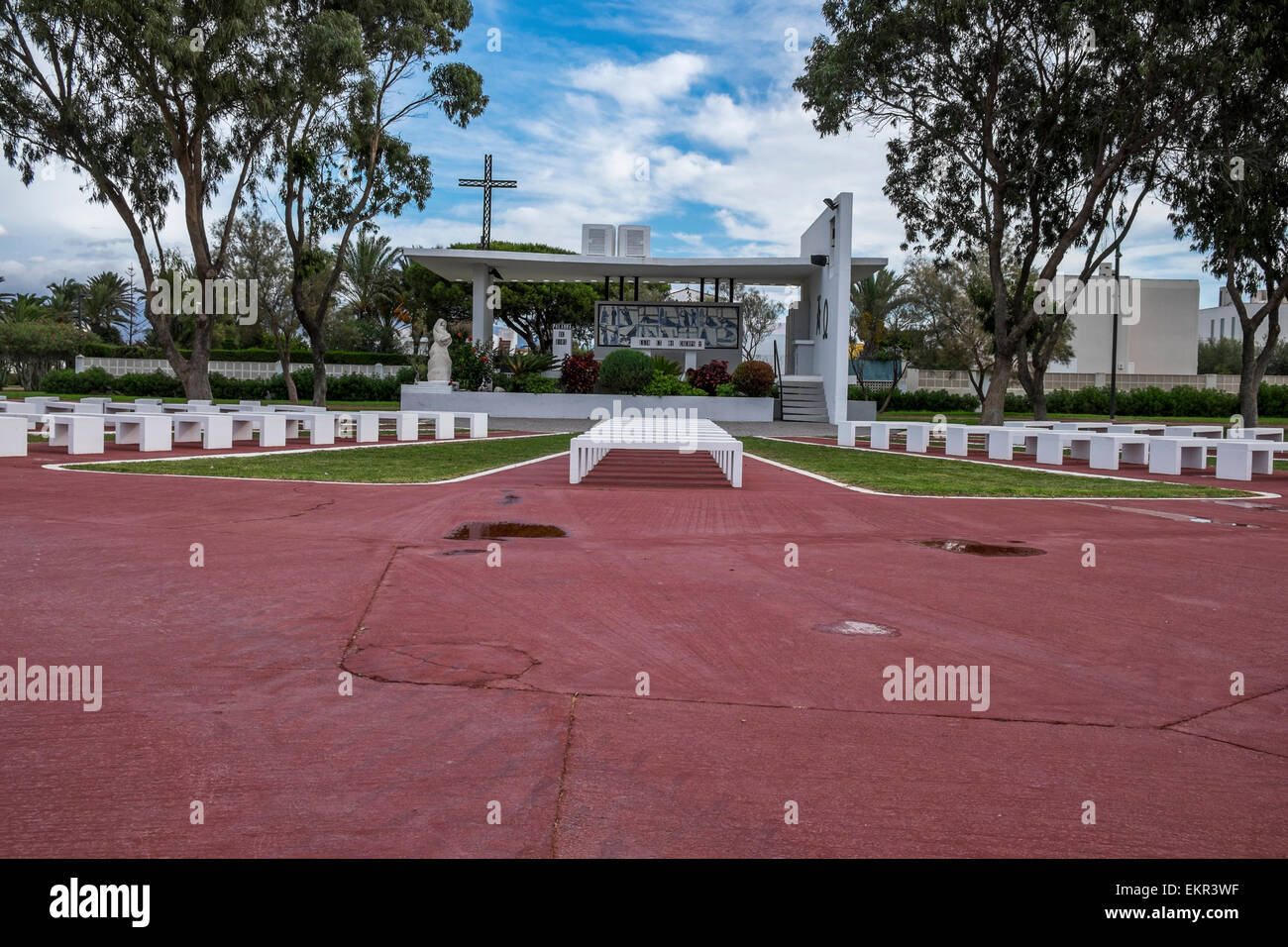 Open air church with concrete seating and open air altar with the ...