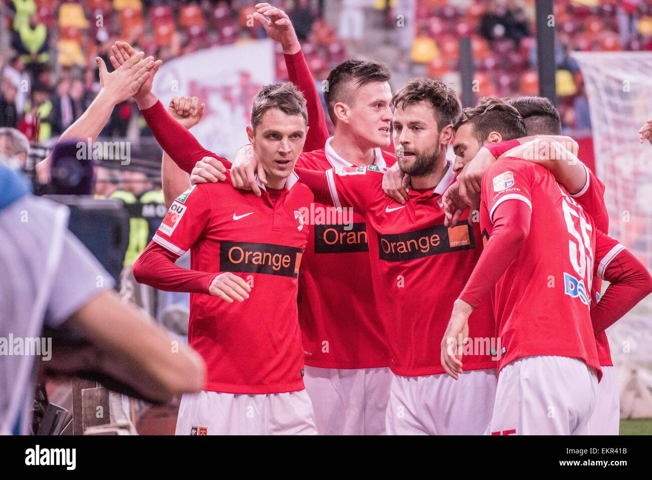 April 11, 2015: The players of Dinamo Bucharest enjoying the scored ...