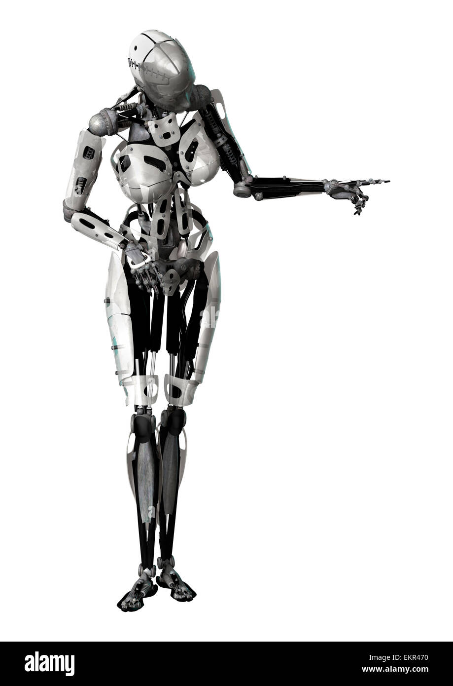 3D digital render of a female cyborg pointing at something isolated on ...