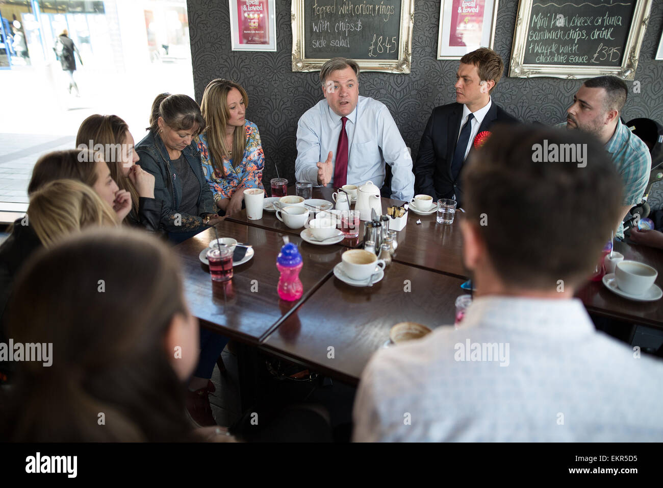 Bury, UK. 11th April, 2015. Labour Shadow Chancellor Ed Balls and James ...