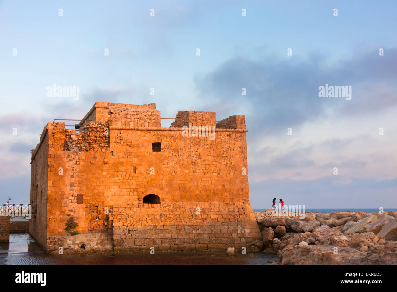 Medieval Castle of Paphos (Pafos) at sunset, Republic of Cyprus Stock ...