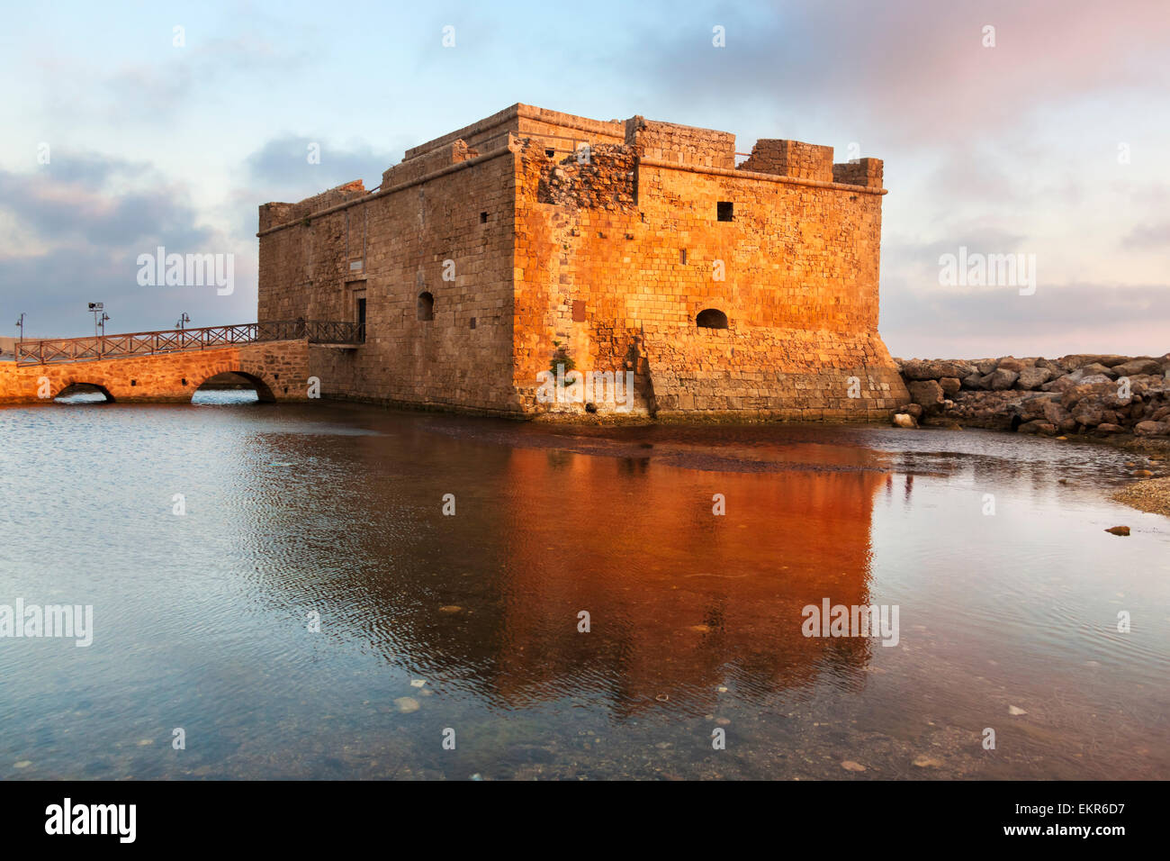 Medieval Castle of Paphos (Pafos) at sunset, Republic of Cyprus Stock ...