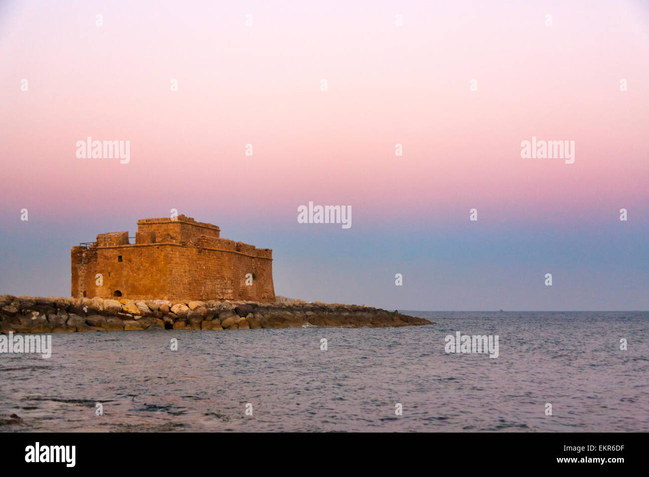 Medieval Castle of Paphos (Pafos) at sunset, Republic of Cyprus Stock ...