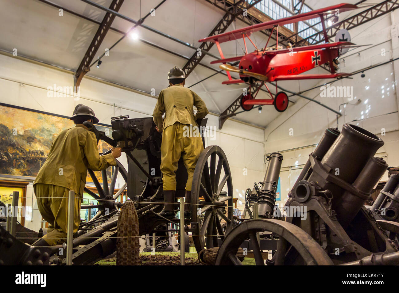 WWI artillery guns and Fokker Dr.I triplane fighter aircraft at the ...