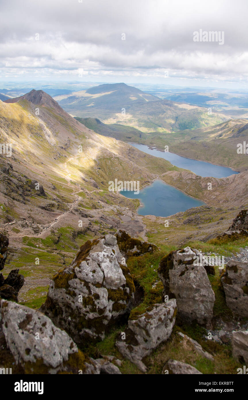 View from Mount Snowdon in Wales on a Summer day with lakes in distance ...