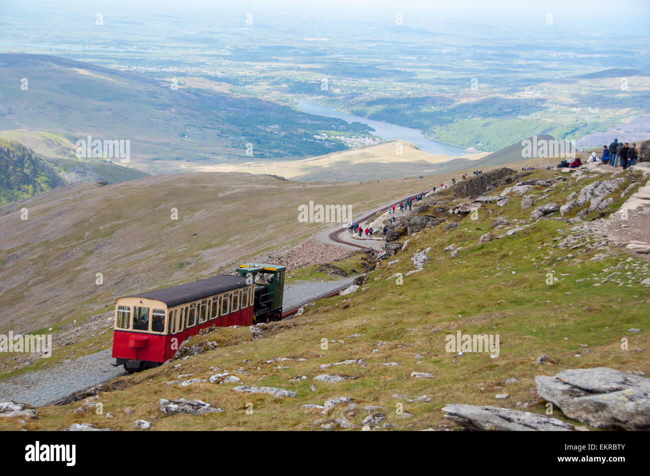 View of the Snowdon Mountain railway locomotion going up the mountain ...