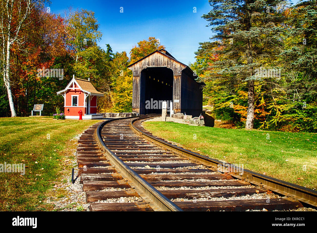 Low Angle view of a Covered Railroad Bridge Over the Pemigwasset River ...