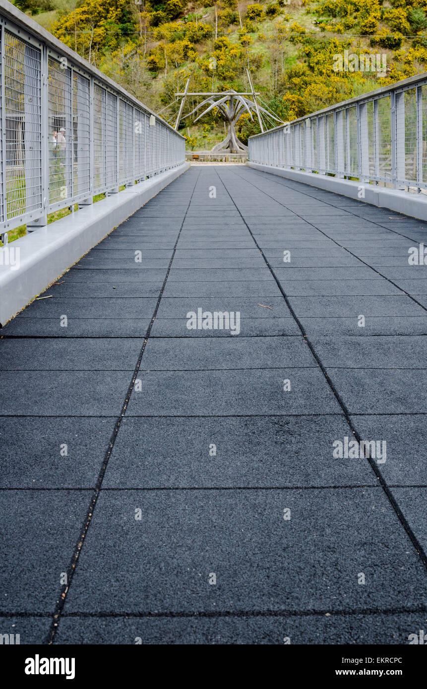 Vertical low angle perspective of empty foot bridge with tree line ...