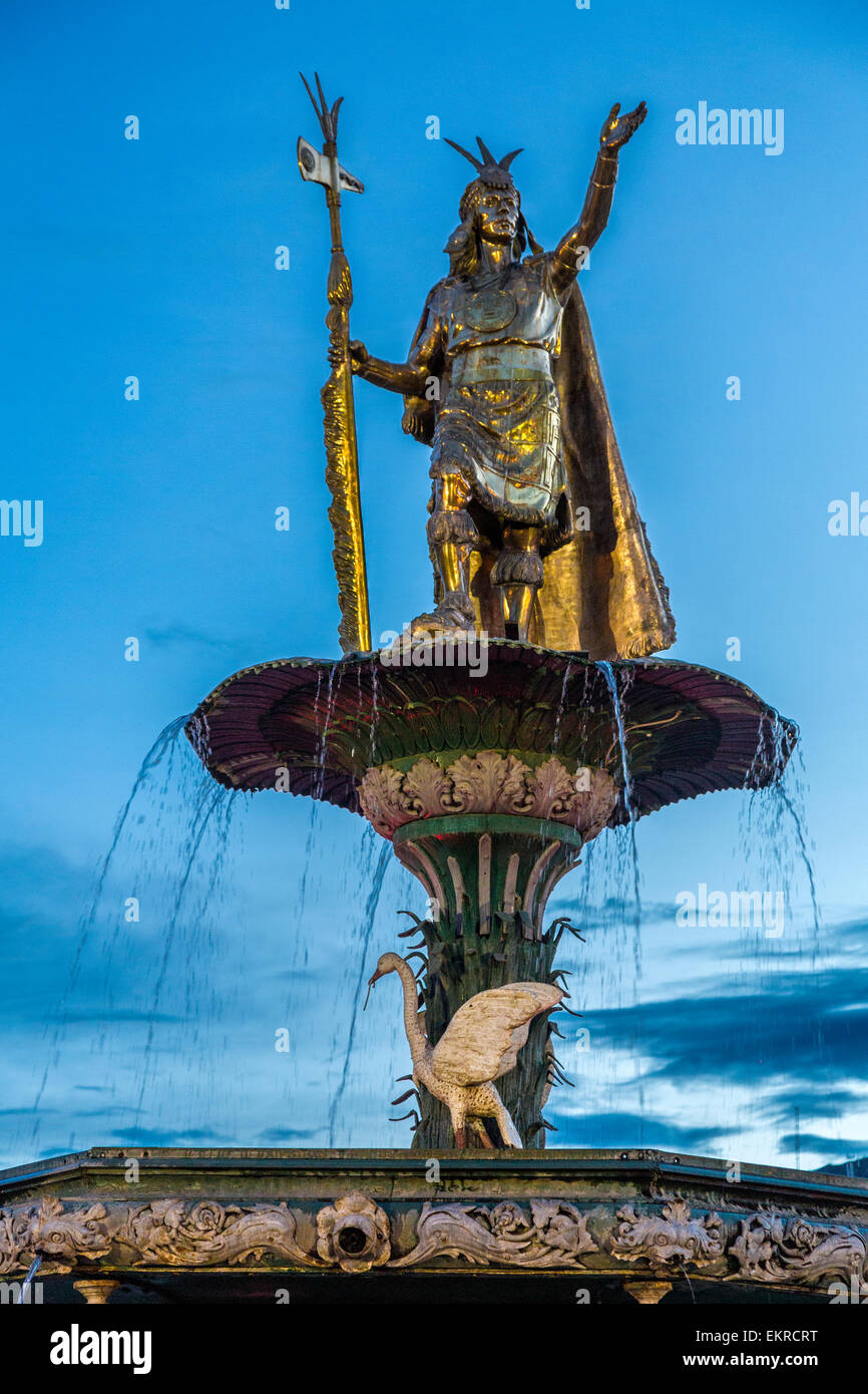 Peru, Cusco. Inca King Pachacutec above Fountain in Plaza de Armas ...