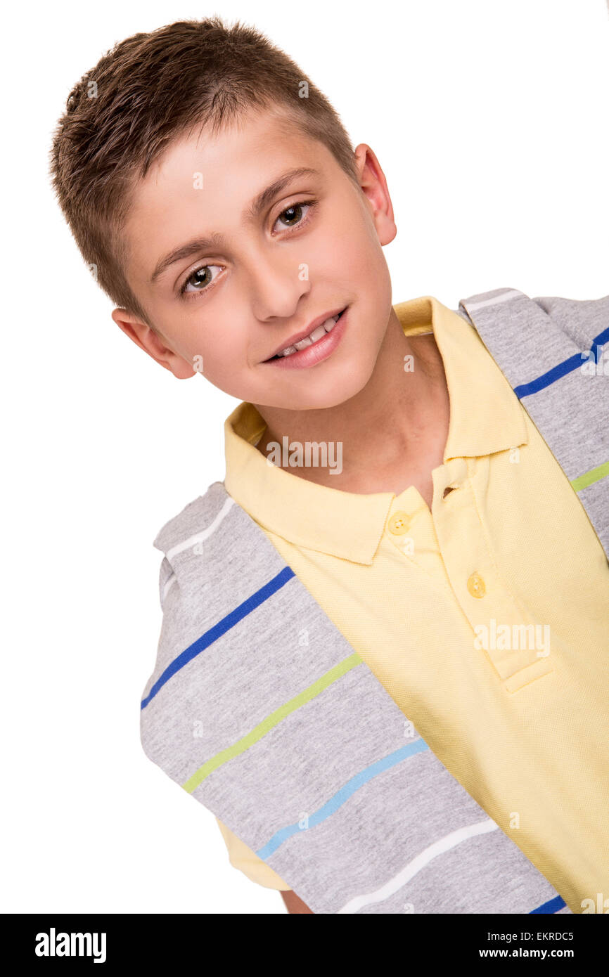 Cute blonde kid posing over white background Stock Photo - Alamy