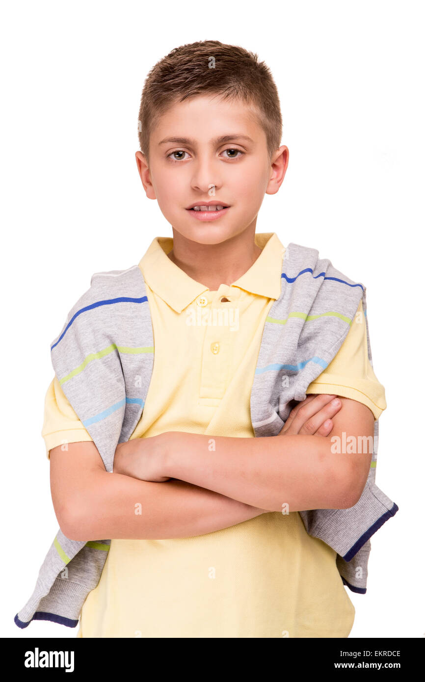 Cute blonde kid posing over white background Stock Photo - Alamy