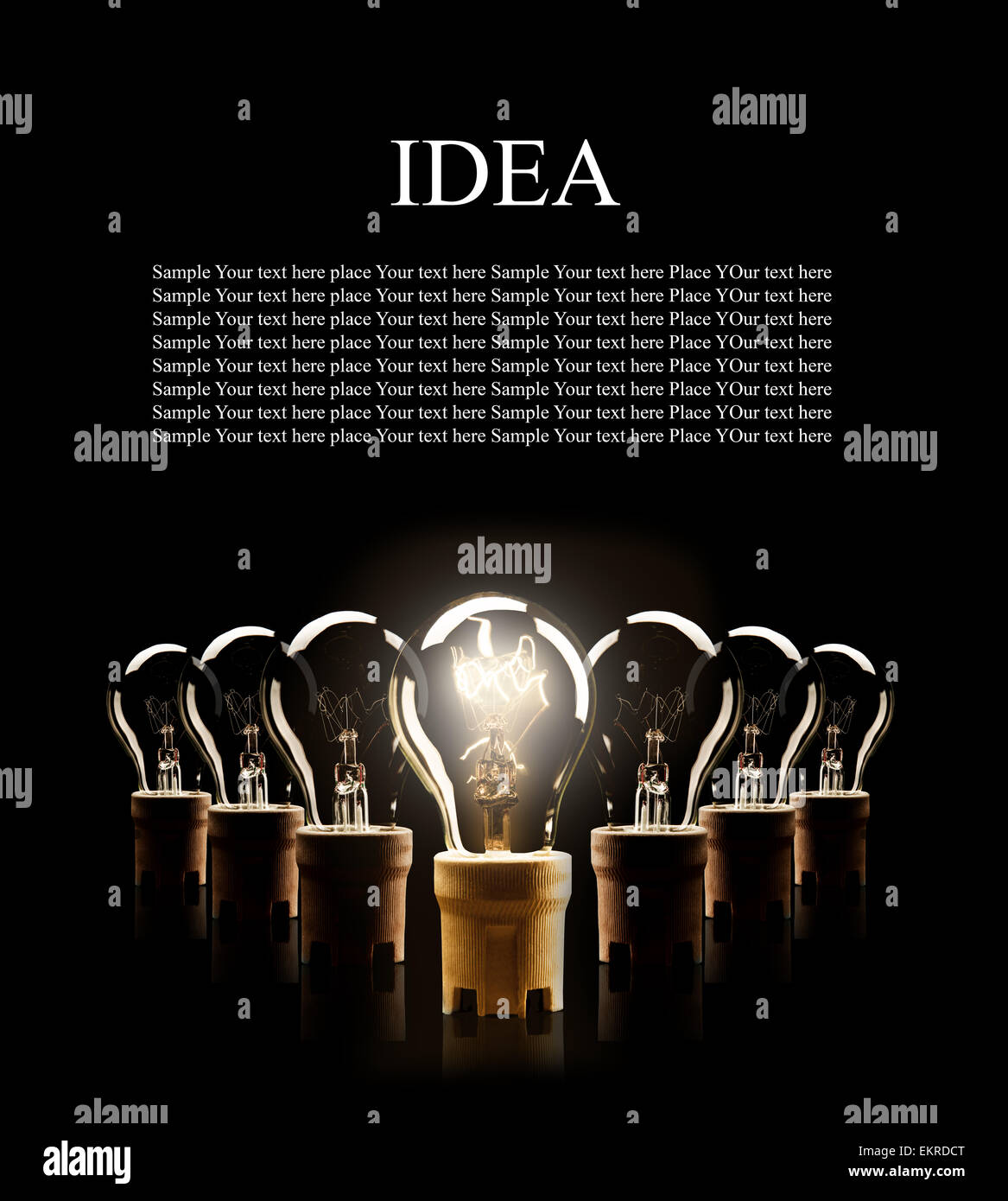 Light bulbs in rows with single one shinning, isolated on black ...