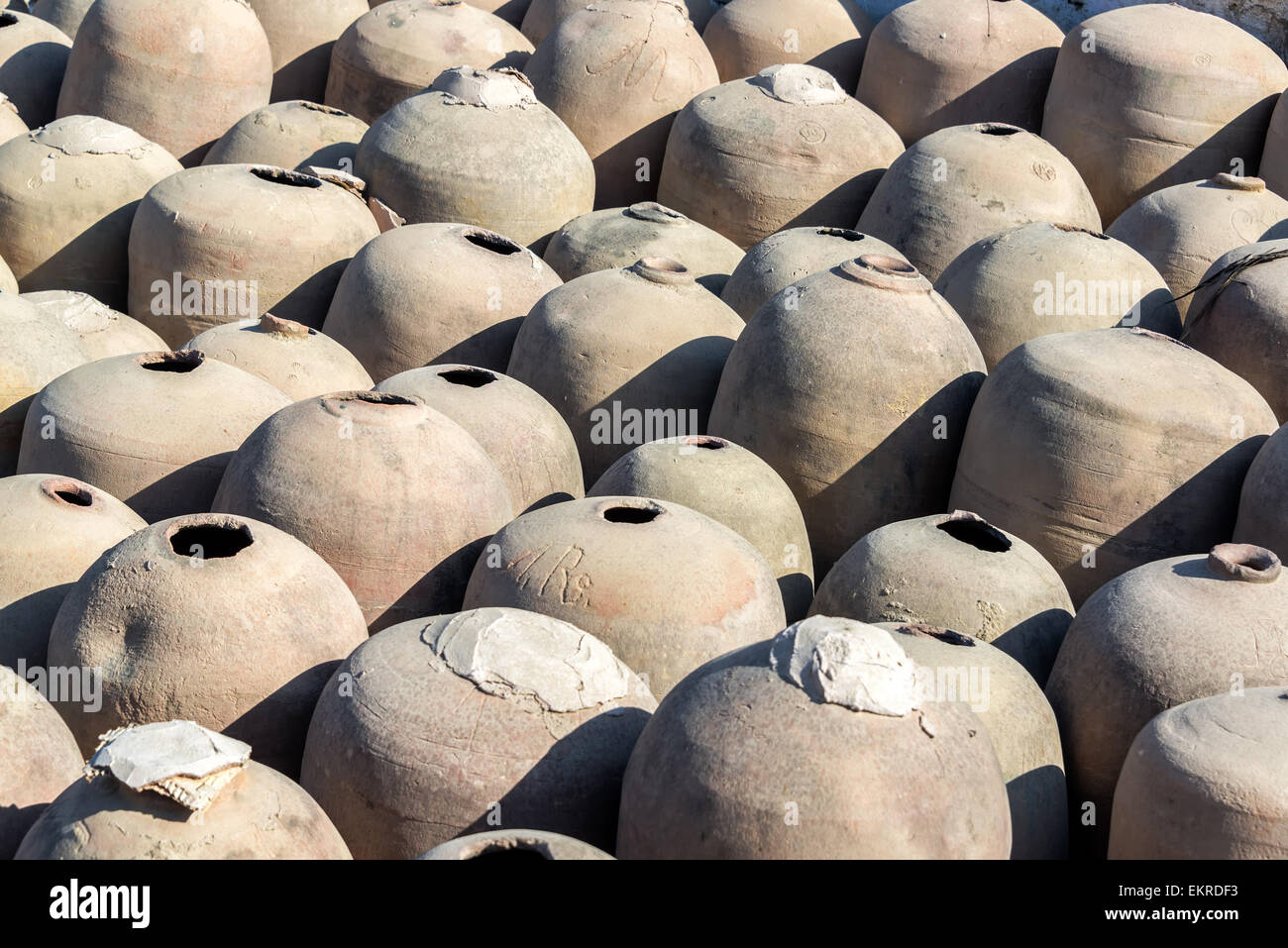 Clay jars previously used in the production of pisco in Ica, Peru Stock ...