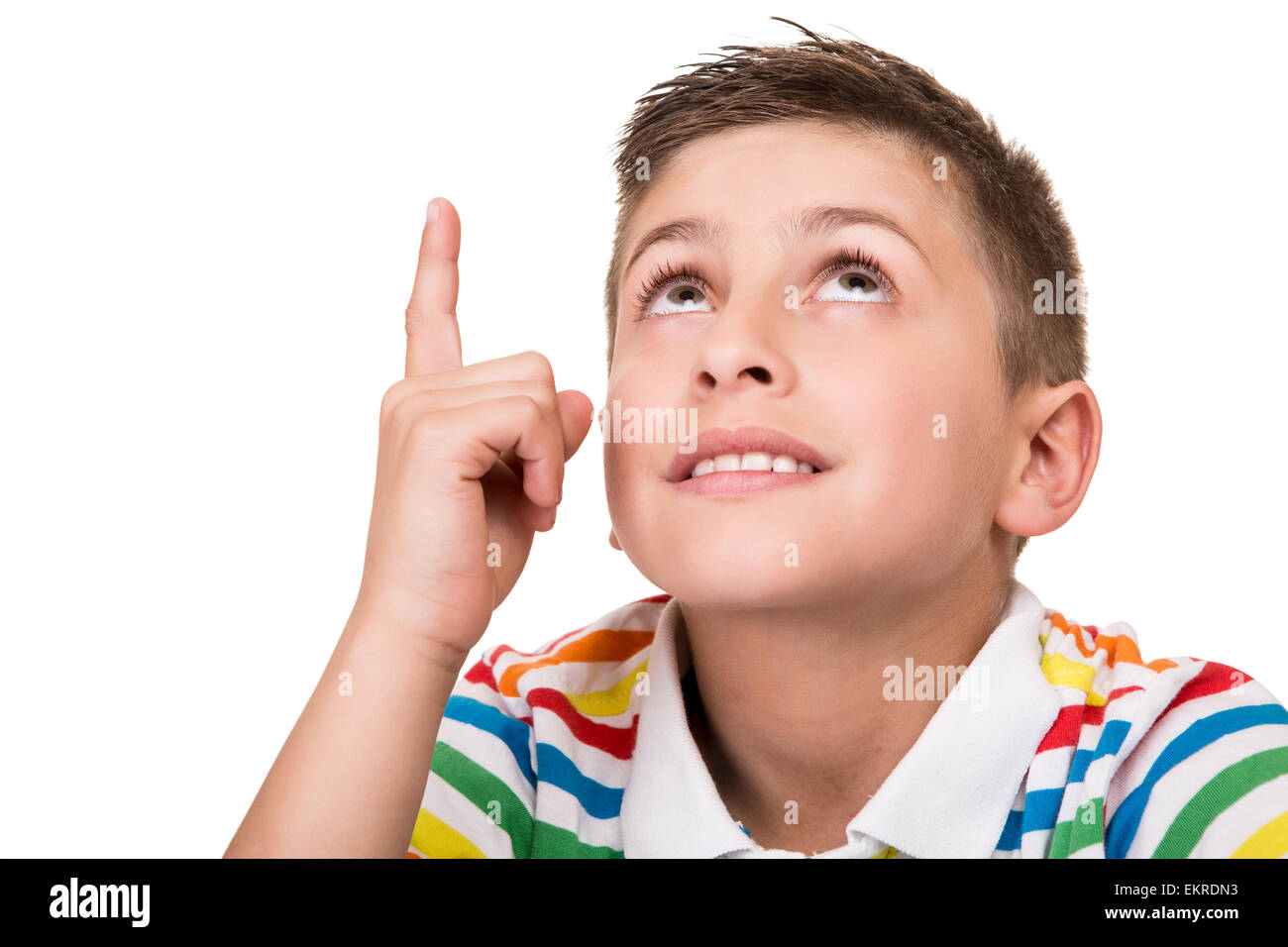 Blonde cute boy pointing up over white background Stock Photo - Alamy