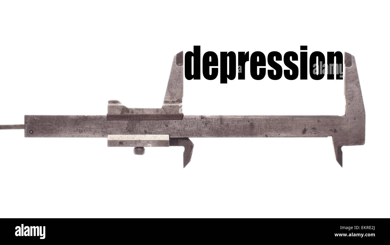 Color horizontal shot of a caliper and measuring the word "depression ...