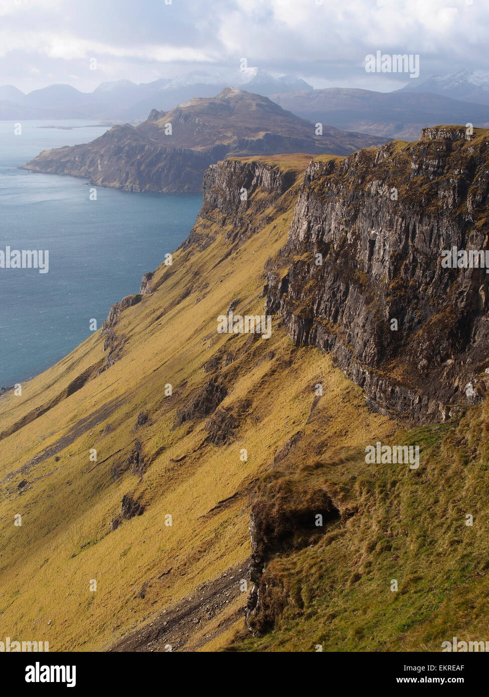 Cliffs south from Sithean Bhealaich Chumhaing near Portree, Skye ...