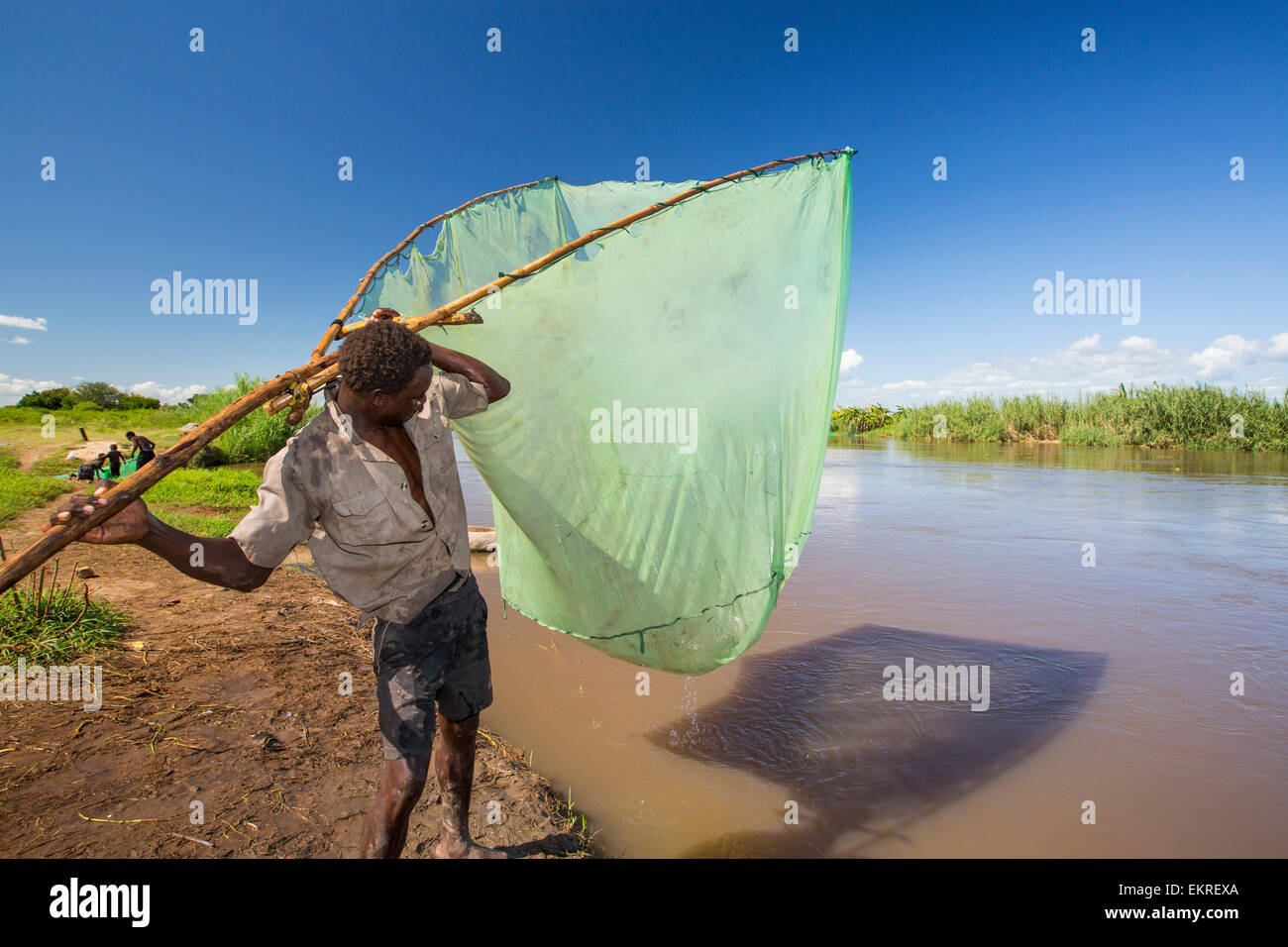 A fisherman catching small fish in the Shire river in Nsanje, Malawi ...