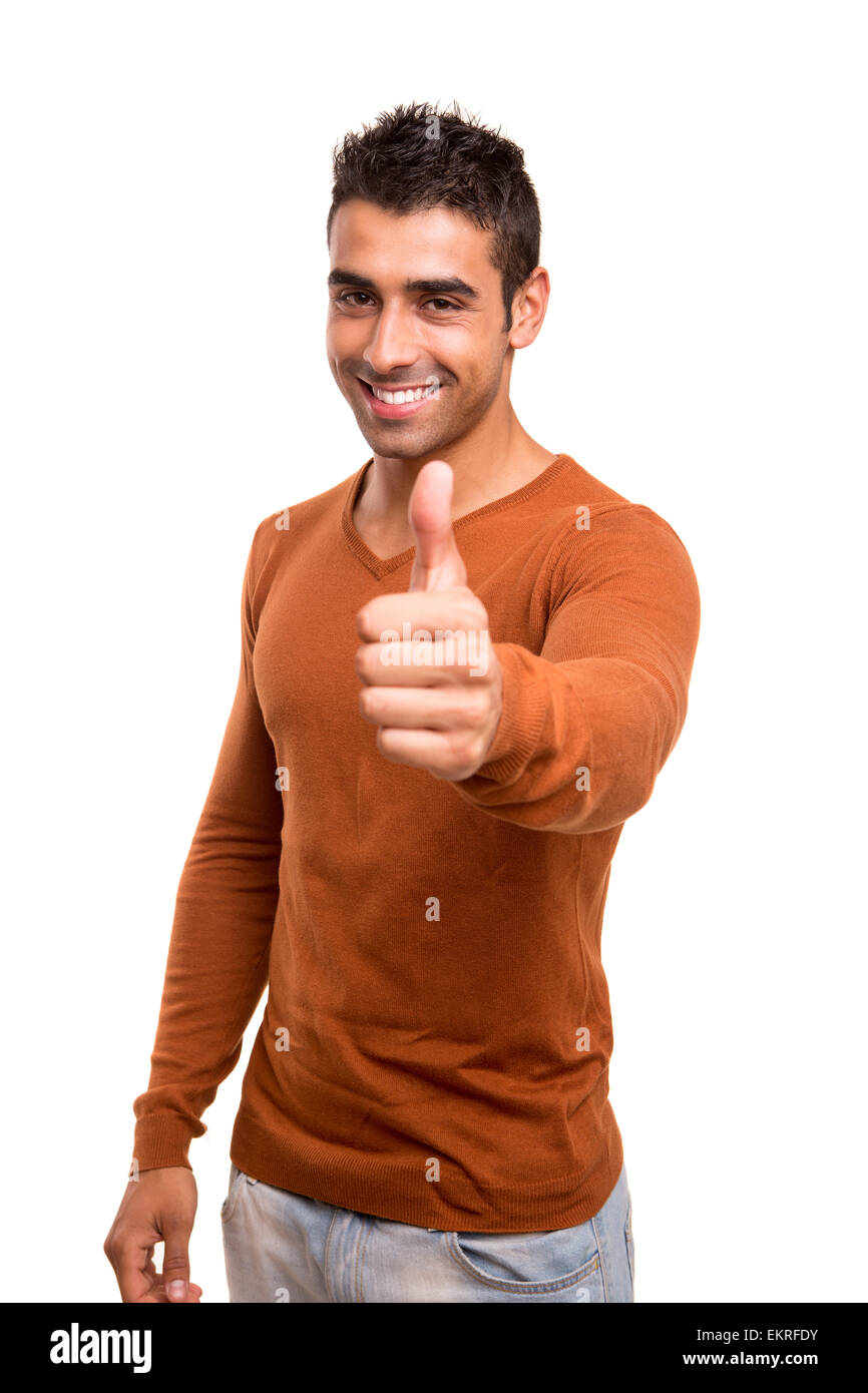 Smiling guy showing thumbs UP Stock Photo - Alamy