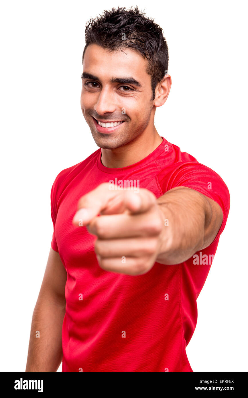 Man pointing front over white background Stock Photo - Alamy
