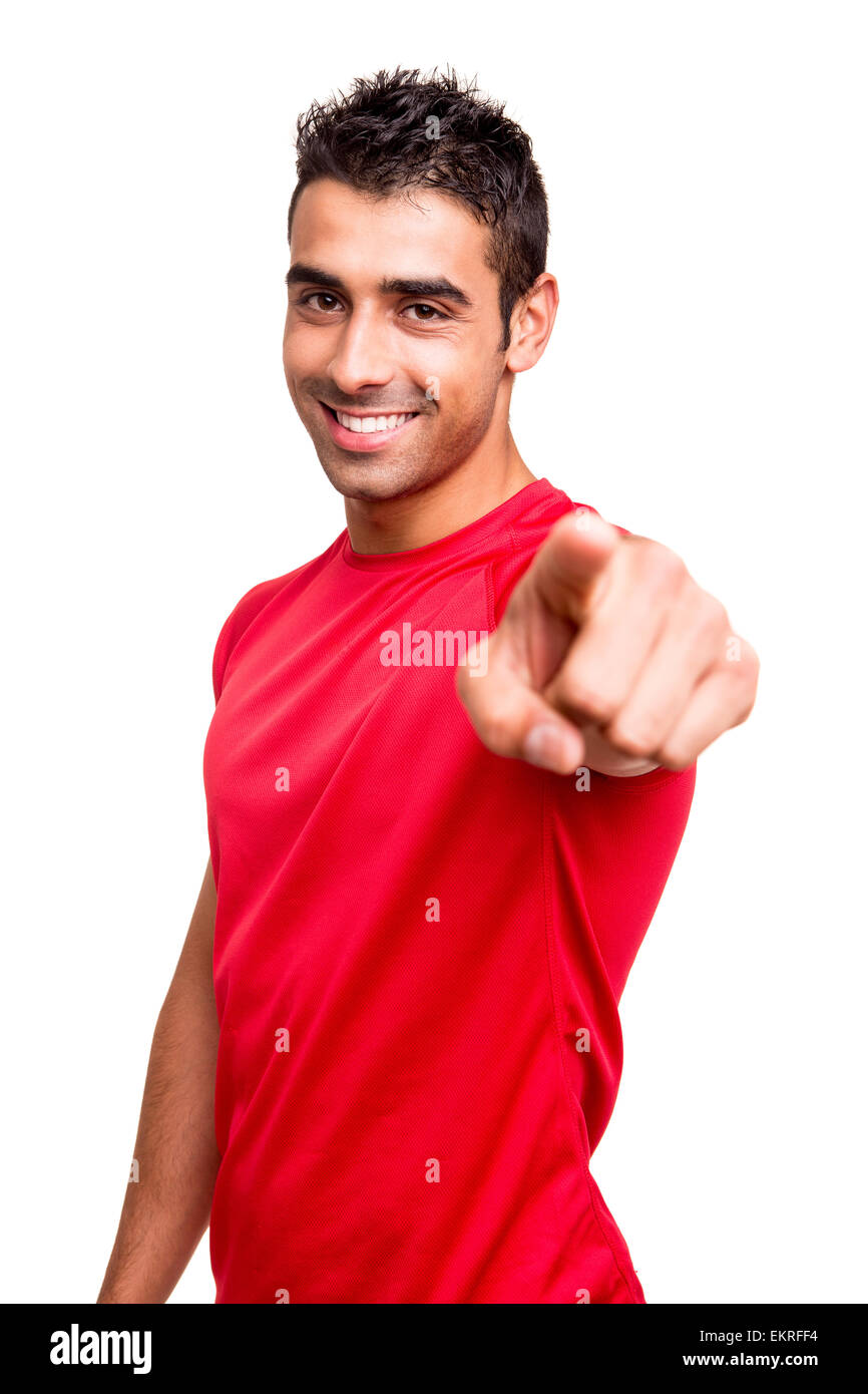 Man pointing front over white background Stock Photo - Alamy
