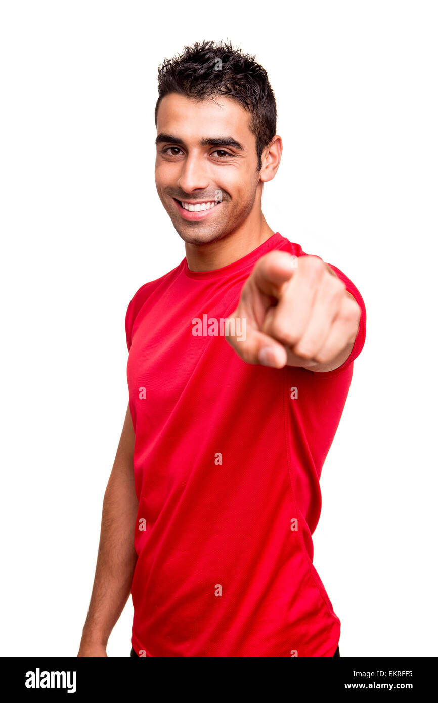 Man pointing front over white background Stock Photo - Alamy