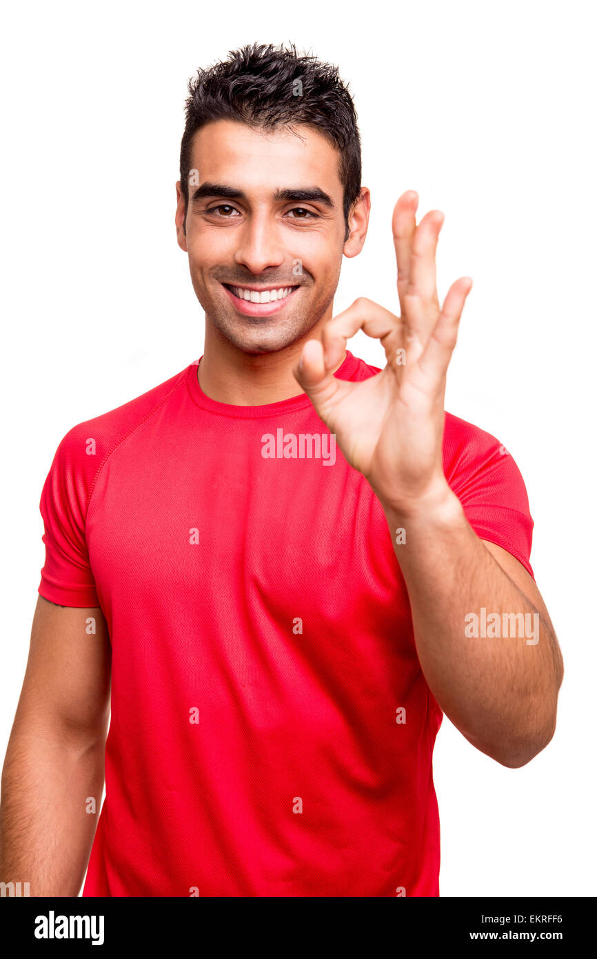 Man showing Ok sign over white background Stock Photo - Alamy