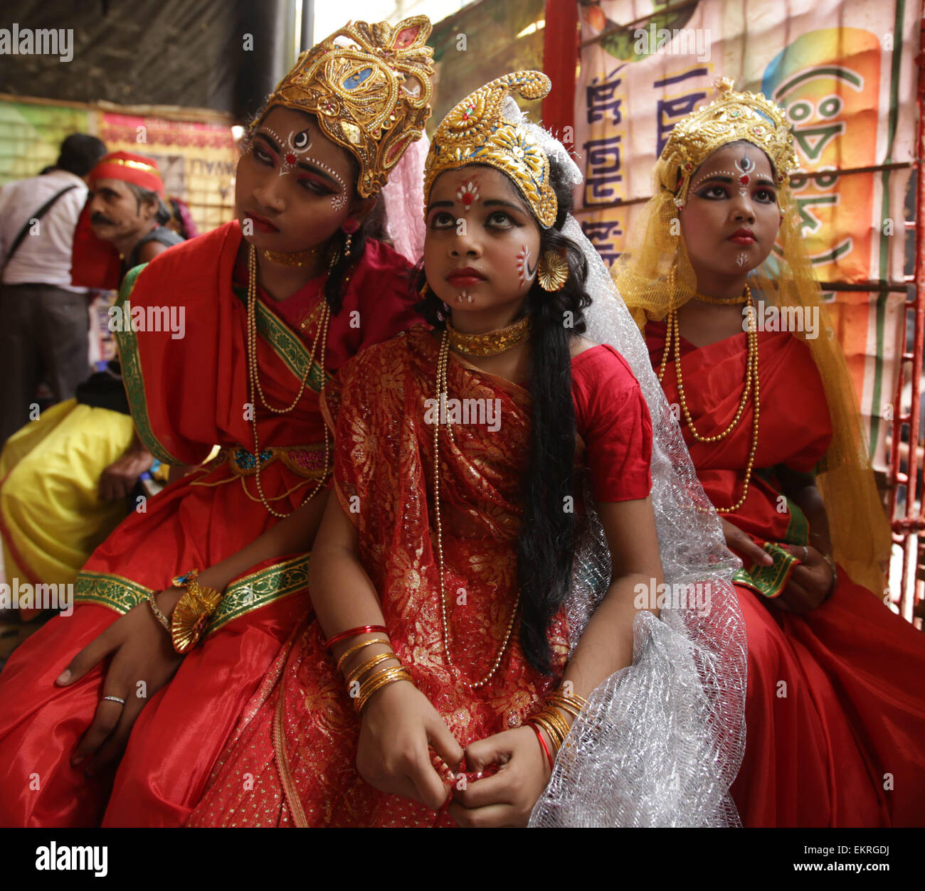 Kolkata, India. 13th Apr, 2015. Indian girls dress as Radha at the ...