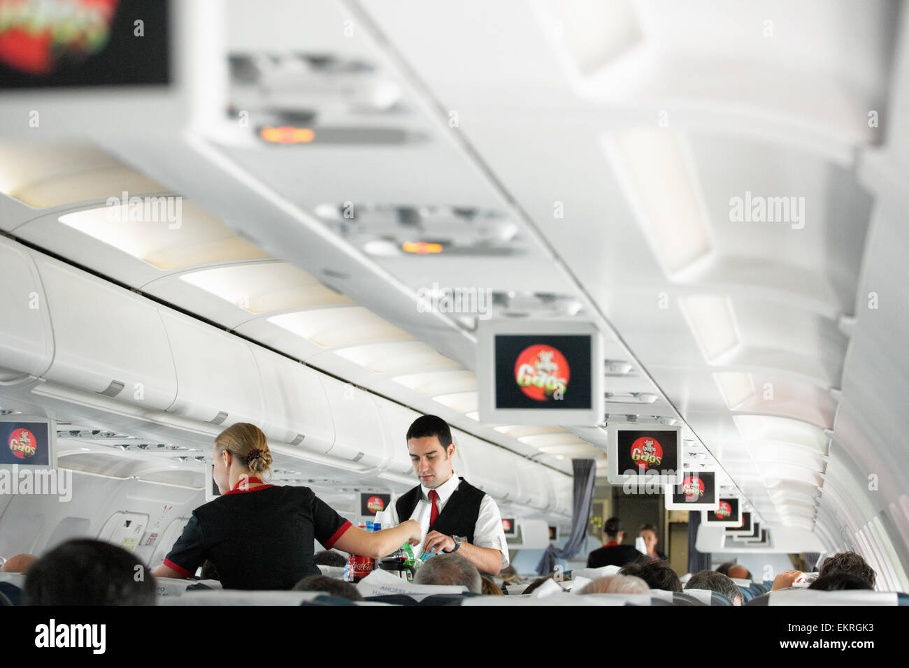 Passengers and staff crew in the plane cabin Stock Photo - Alamy