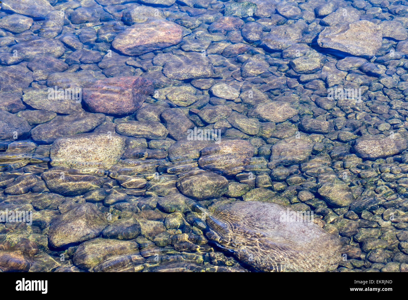 Rocks visible below the clear water of a shallow area of a river Stock ...