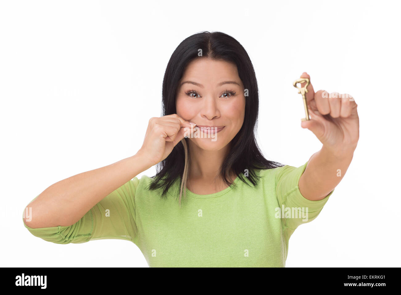 Woman locked mouth with key on white Stock Photo - Alamy