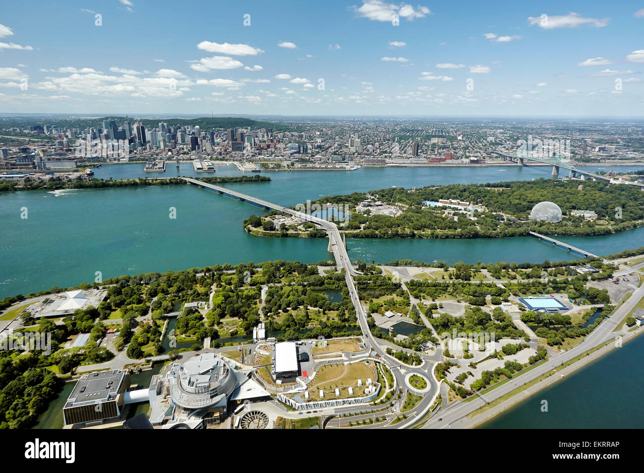 Saint Lawrence River against urban landscape; Montreal, Quebec, Canada ...