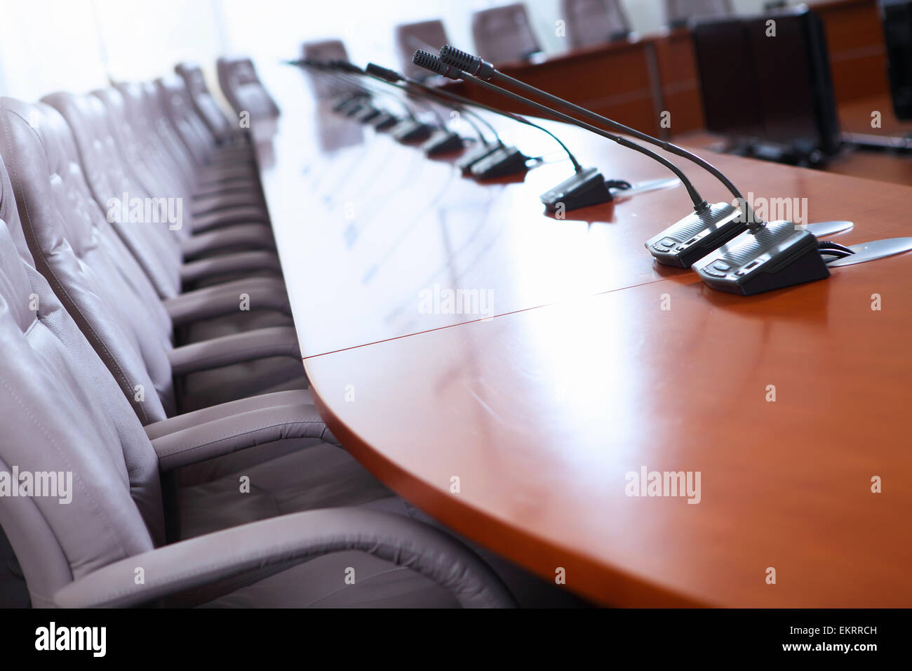 Conference hall with microphones Stock Photo - Alamy