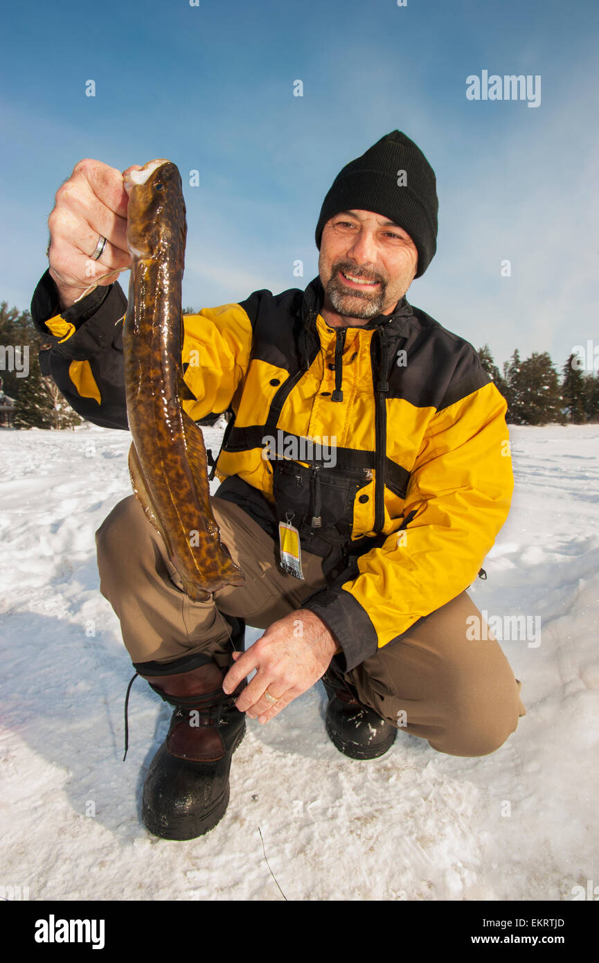 Ice fisherman holding a ling fish; Ontario, Canada Stock Photo - Alamy