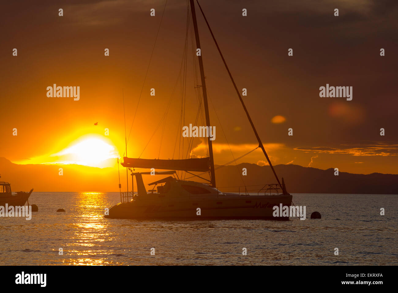 A Catamaran at Cape Maclear, on Lake Malawi, Malawi, Africa, at sunset ...