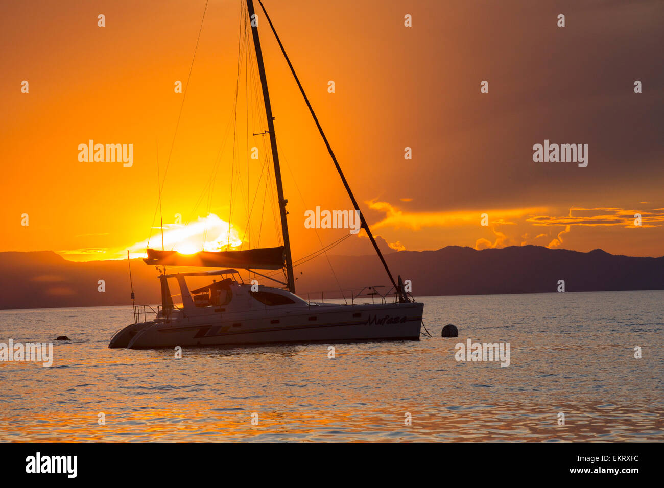 A Catamaran at Cape Maclear, on Lake Malawi, Malawi, Africa, at sunset ...