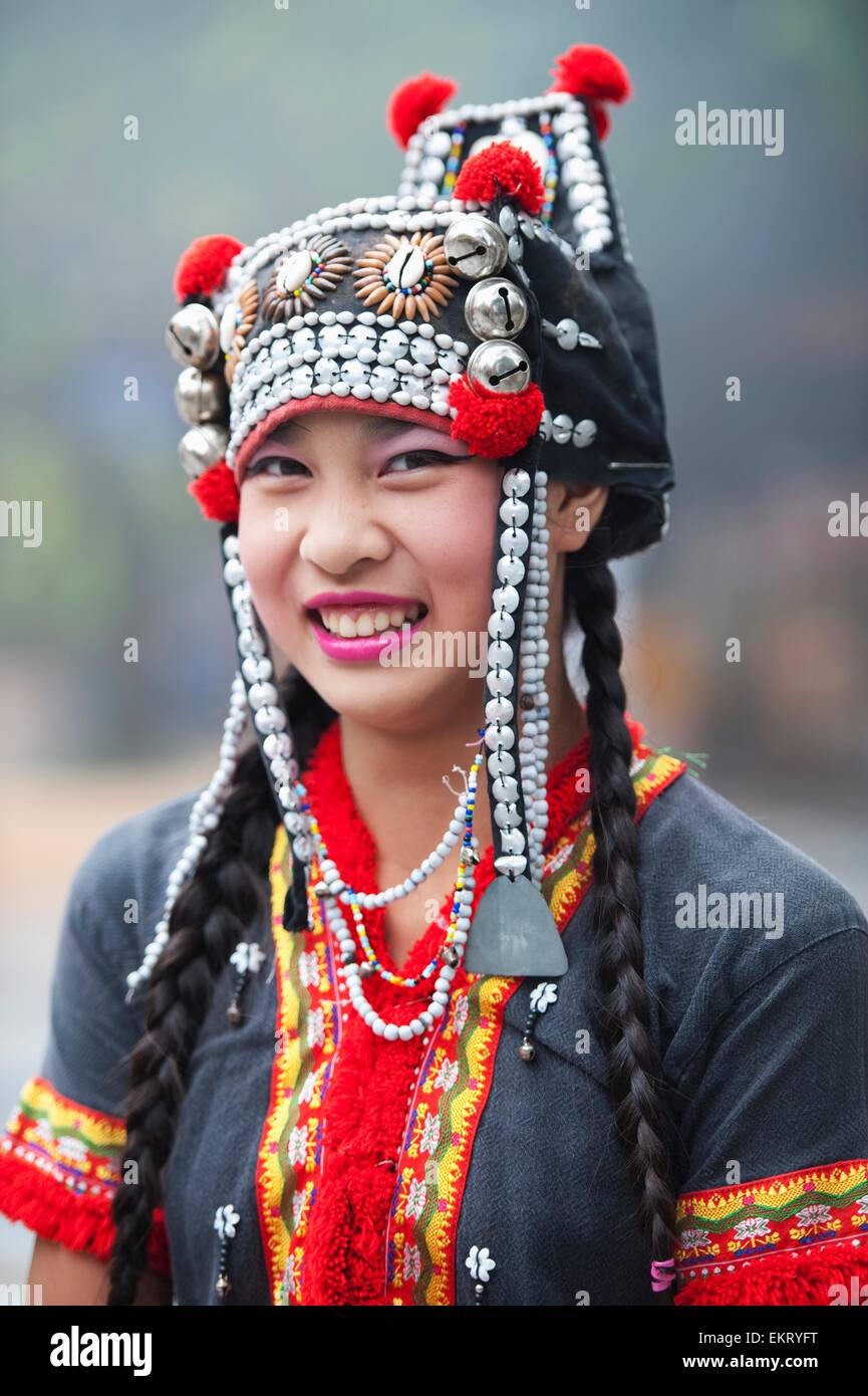 Thai Girl Dressed In An Akha Hill Tribe Costume; Chiang Mai, Thailand ...