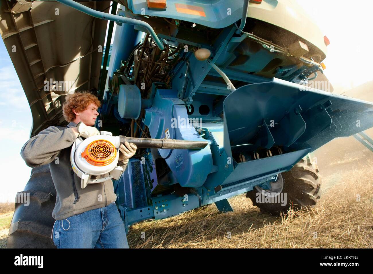 Young Farmer Cleaning Combine Tractor; Three Hills, Alberta, Canada ...