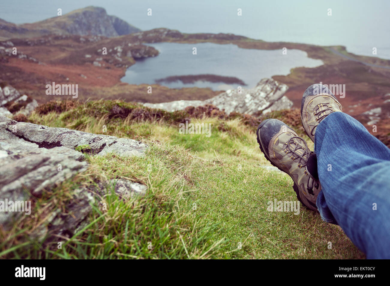Resting after hiking at Slieve League cliffs, Donegal, Ireland Stock ...
