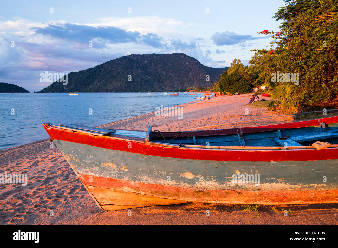 A boat on a beach at Cape Maclear on the shores of Lake Malawi, Malawi ...