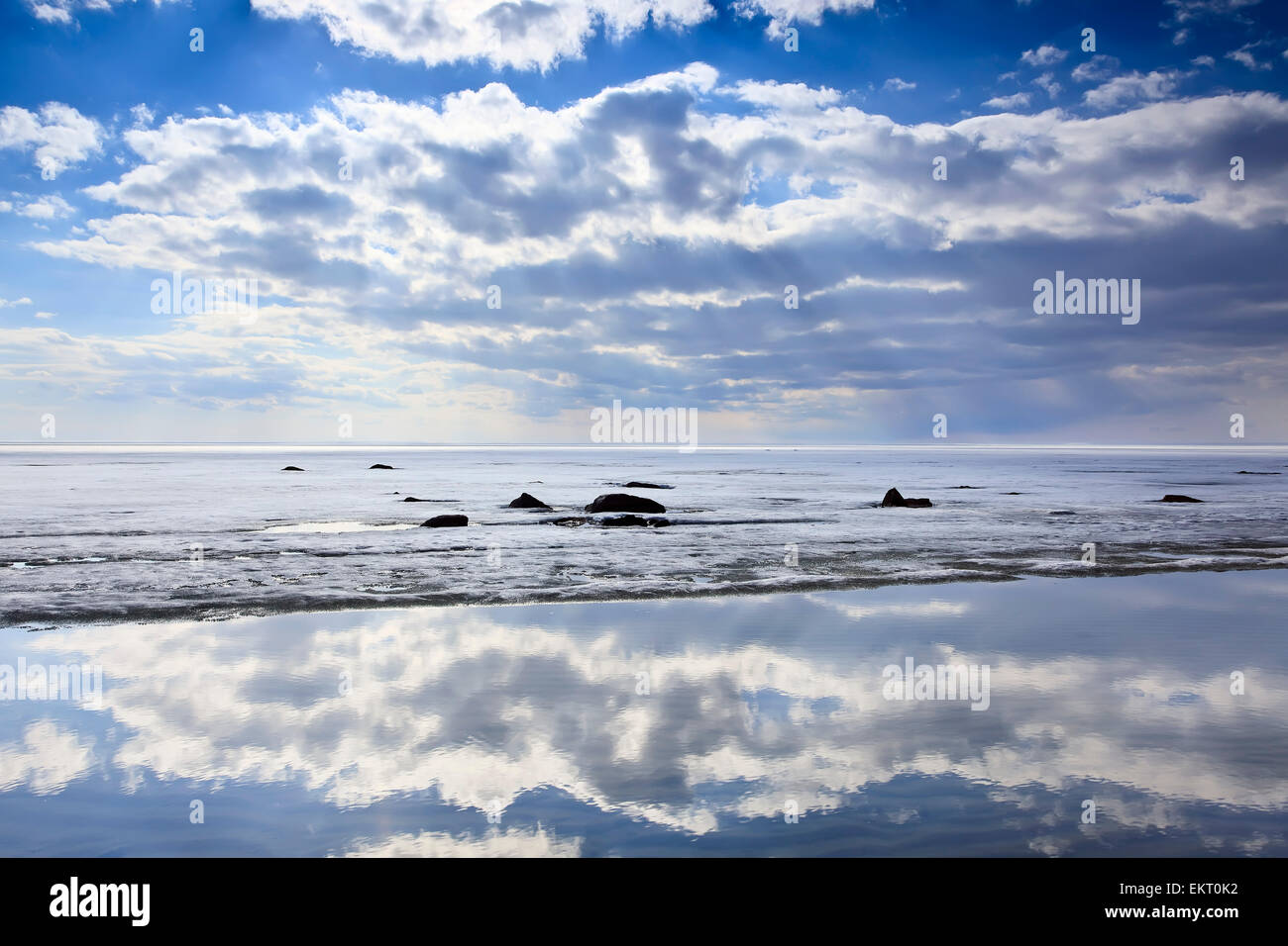 Ice Break Up And Sky Reflection On Lake Winnipeg, Springtime. Victoria ...