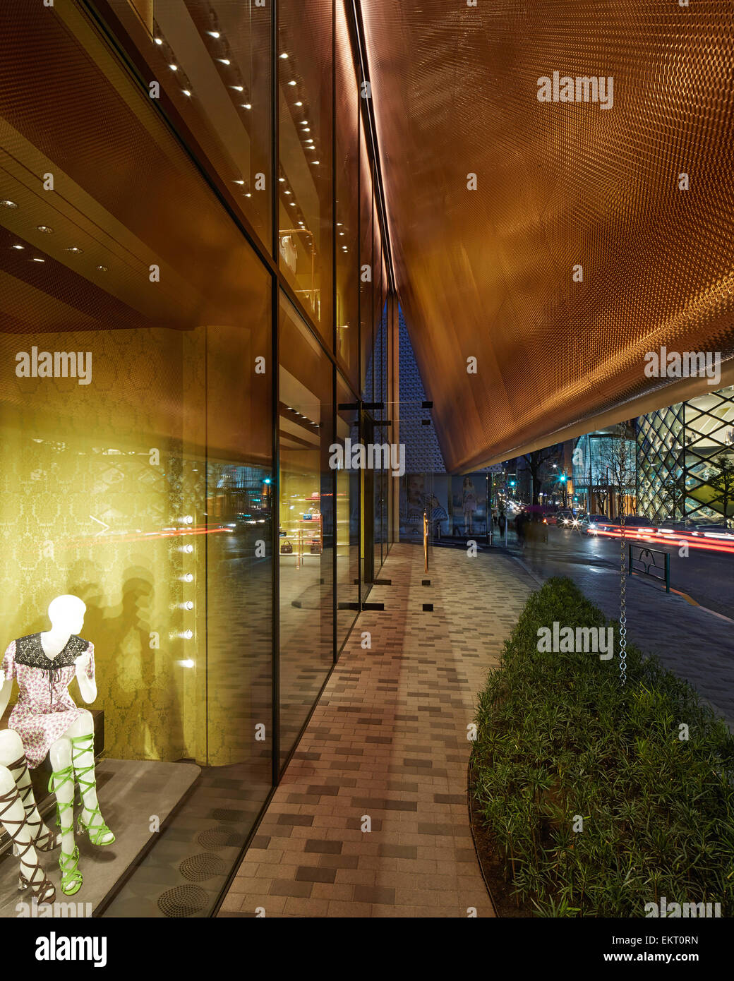 Shopfront in perspective with detail of copper facade canopy. Miu Miu ...