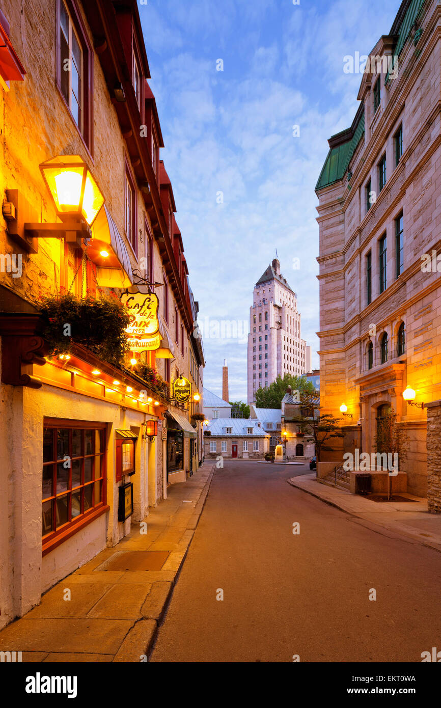 Des Jardins Street And Price Building At Dawn, Old Quebec, Quebec Stock ...