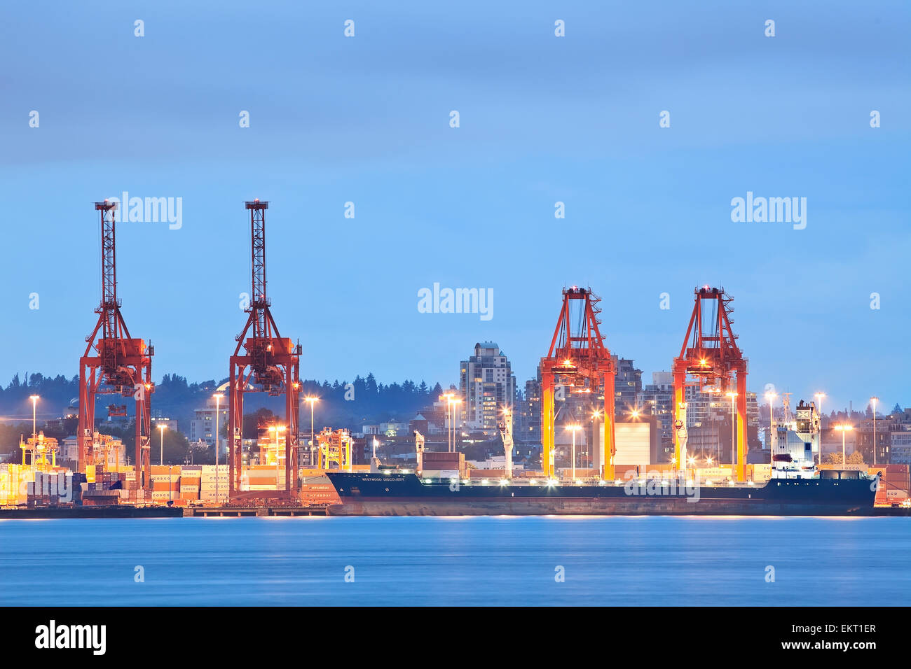 Cargo Ship Loading At Dusk In Port Of Vancouver; Vancouver, British ...