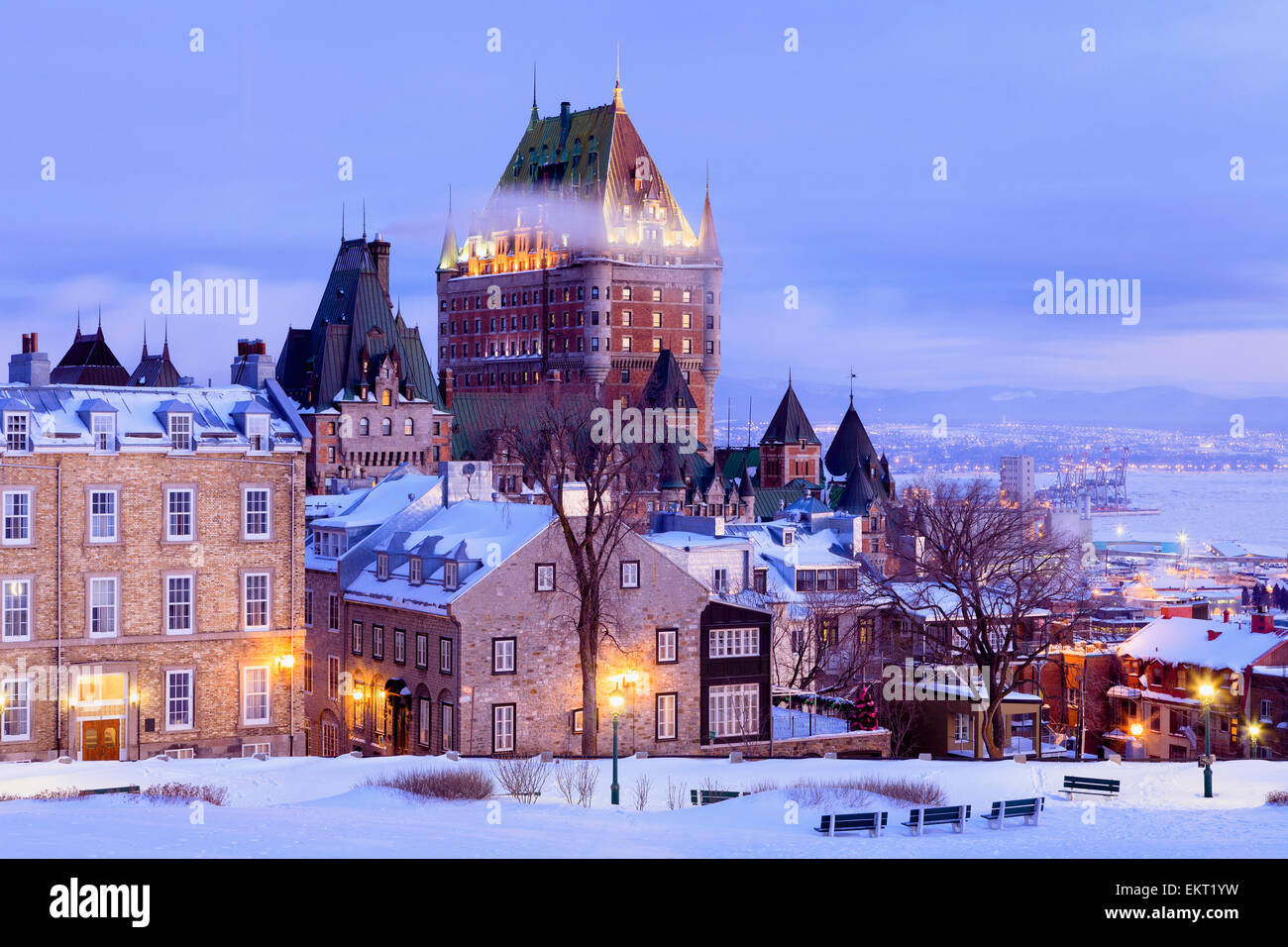 Saint-Denis Street And Chateau Frontenac At Dawn In Winter; Quebec City ...