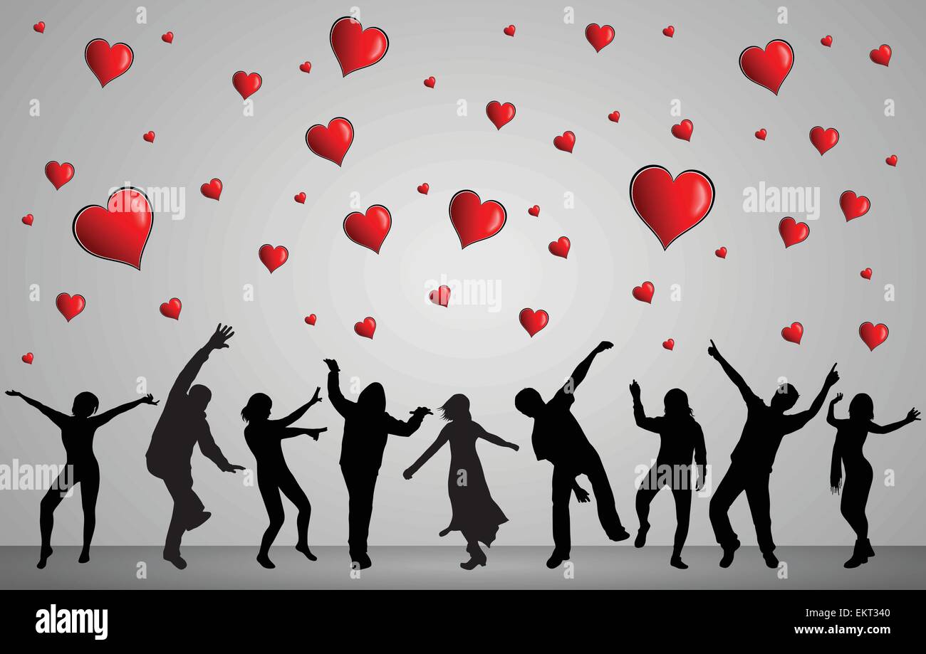 Happy people dancing silhouettes with hearts background Stock Vector ...