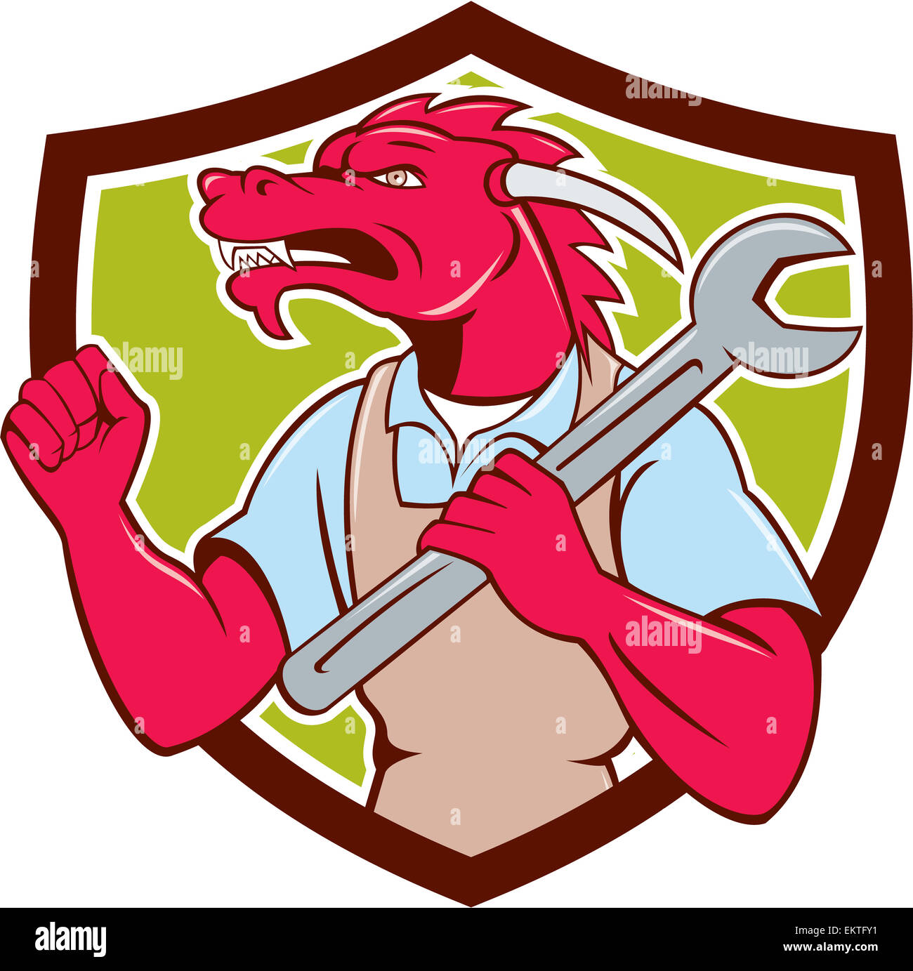 Illustration of a red dragon mechanic facing side holding spanner on ...