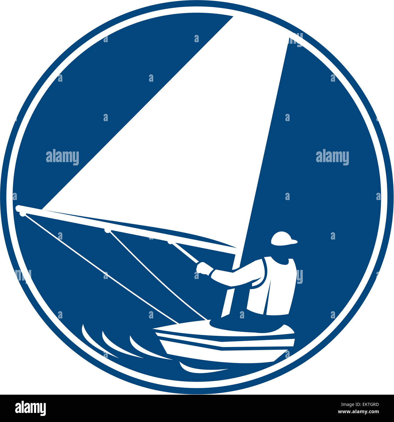 Icon illustration of a man in a sail boat sailing yachting viewed from ...