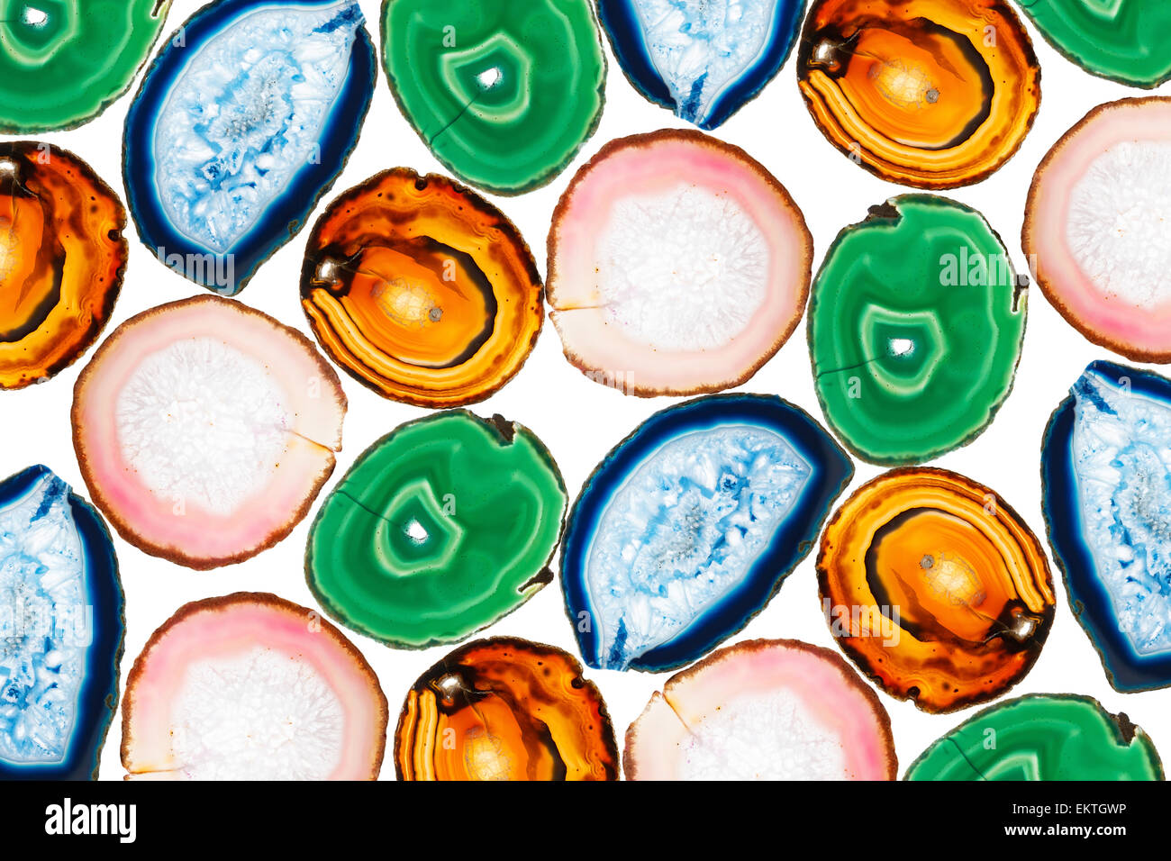 Colorful mosaic made of backlit agate slice stones, white space between ...